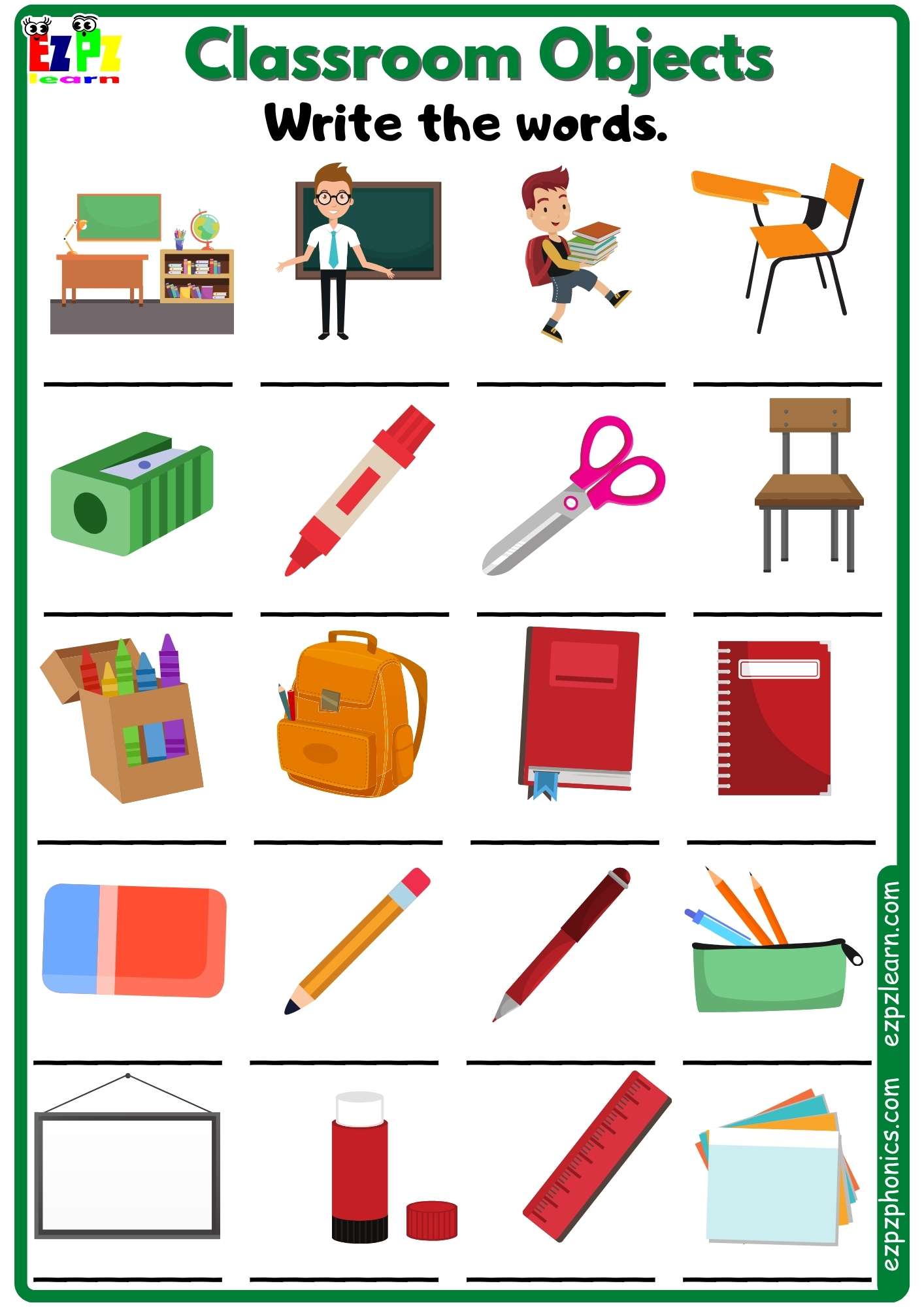 Classroom Objects Vocabulary Write the Words Free PDF Download - Ezpzlearn.com